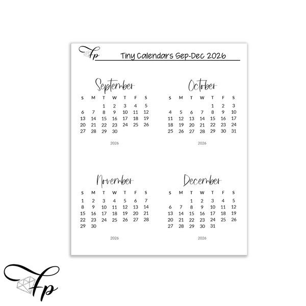 Tiny 2026 Mini Calendars Sep-December - Fabulously Planned